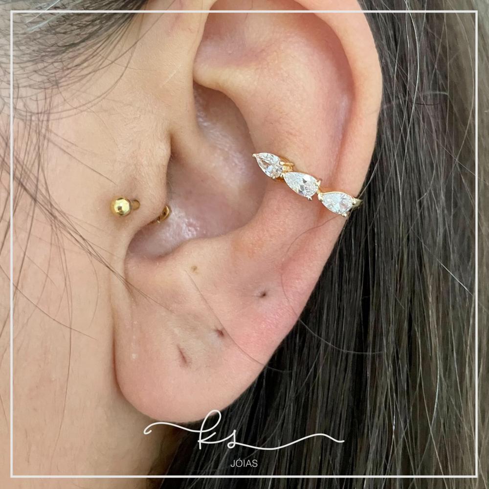 piercing ouro meio orelha fino 3 gotas fila cristal - KS