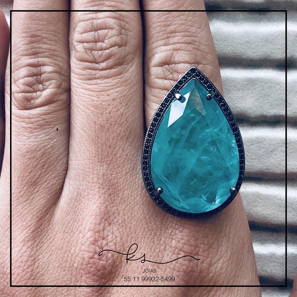 anel rodio negro gota gigante azul claro com base 1 volta zirconias ...